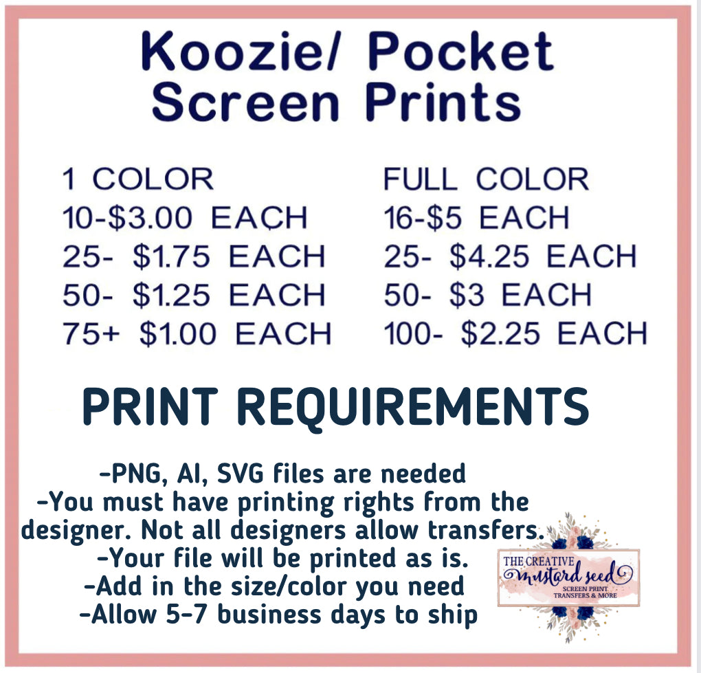 Custom ONE Color Pocket/Koozie | Screen Print Transfer | Ships in 5-7 ...